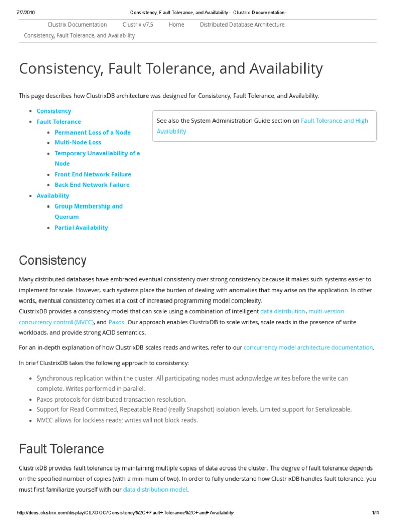 Consistency, Fault Tolerance, and Availability - Clustrix Documentation | PDF | Fault Tolerance ...