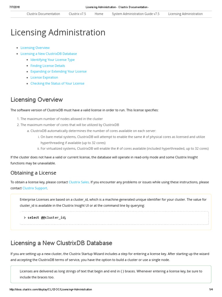 Licensing Administration - Clustrix Documentation | PDF | License | Databases