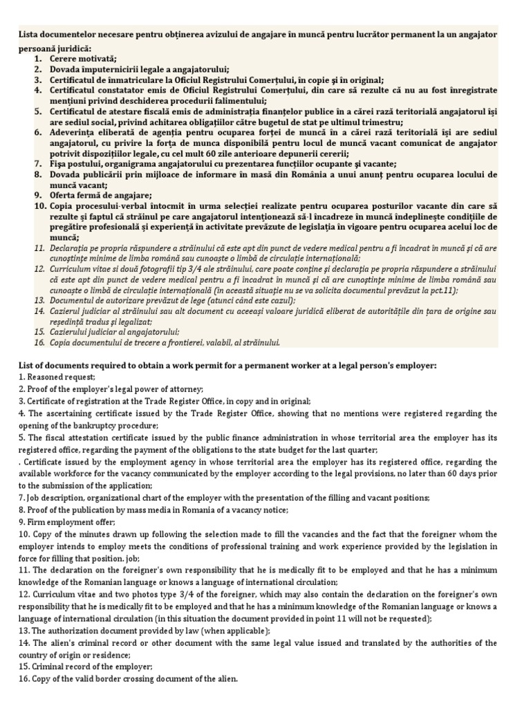 Opis - Documente - PJ - Aviz Permis Munca in Romania Ro-En | PDF