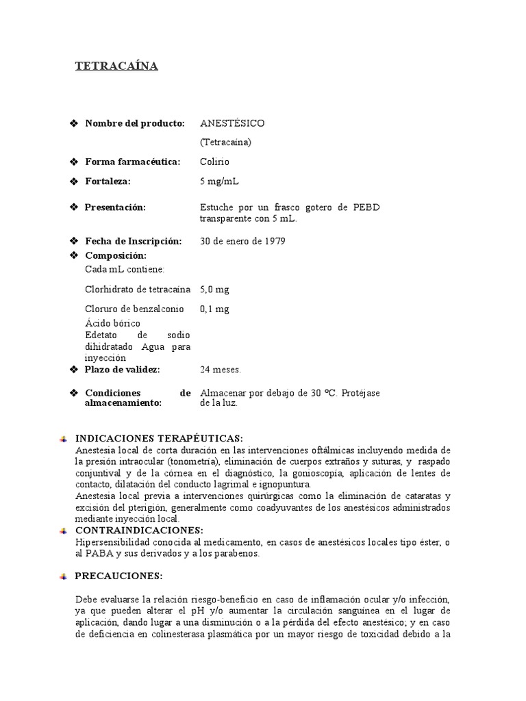 Tetracaína Lista | PDF | Medicamentos con receta | Anestesia