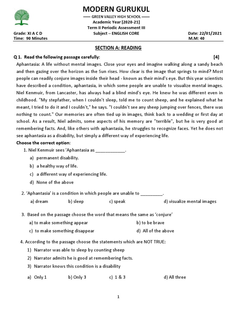 Section A: Reading: Q 1. Read The Following Passage Carefully | PDF ...