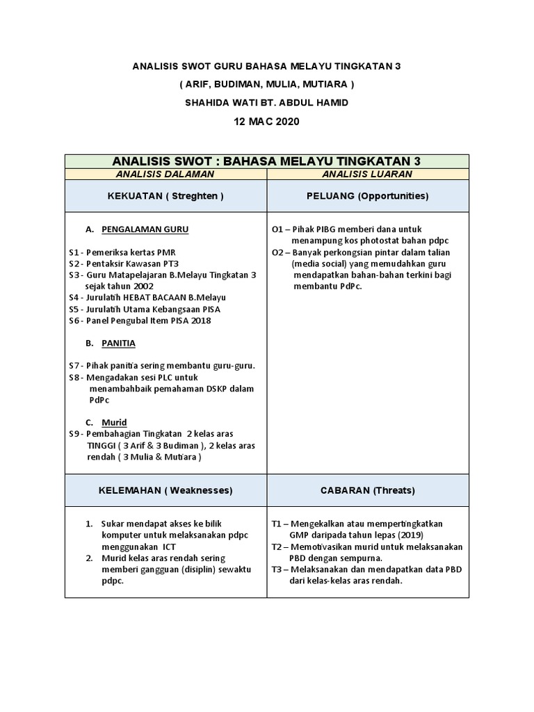Analisis Swot Guru Bahasa Melayu Tingkatan 3 2020 | PDF