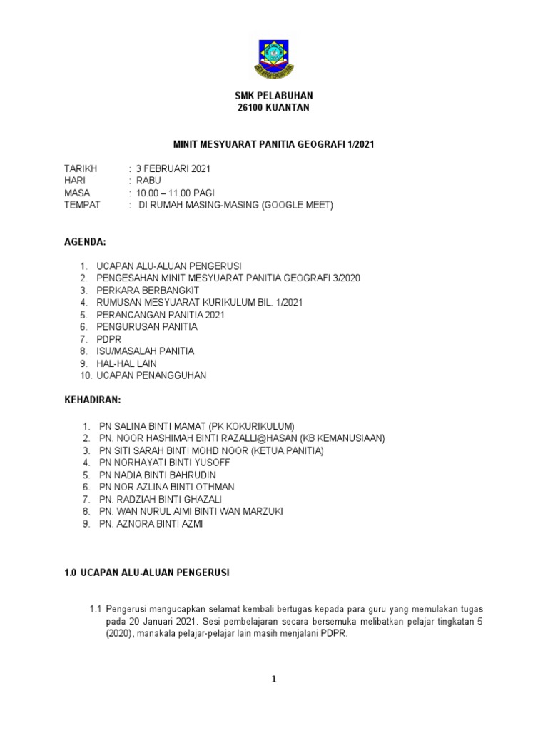 Minit Mesyuarat Panitia Geografi 1 2021 | PDF