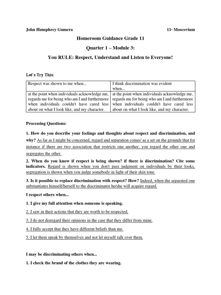 John Humphrey Gumera 11 MC Homeroom Guidance M3 | PDF | Discrimination ...