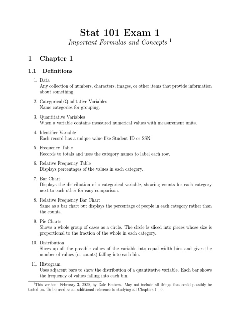 Stat 101 Exam 1: Important Formulas and Concepts 1 | PDF | Histogram ...