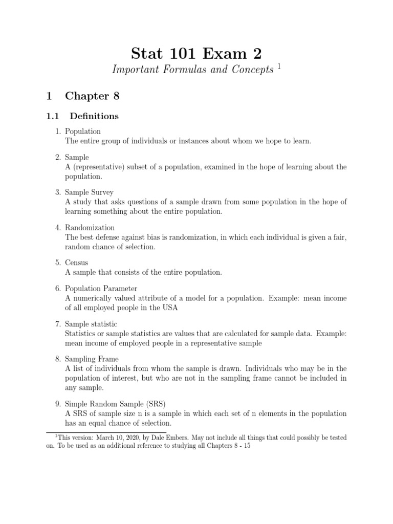 Stat 101 Exam 2: Important Formulas and Concepts 1 | PDF | Sampling ...