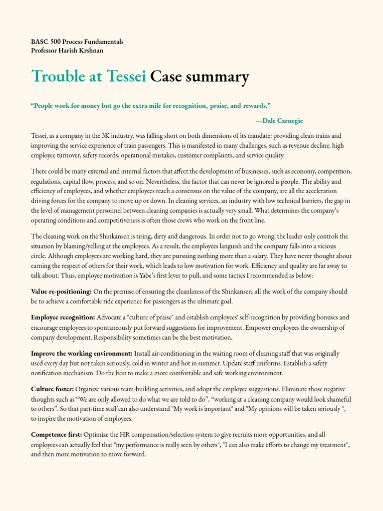 Trouble at Tessei: Case Summary | PDF | Motivation | Motivational