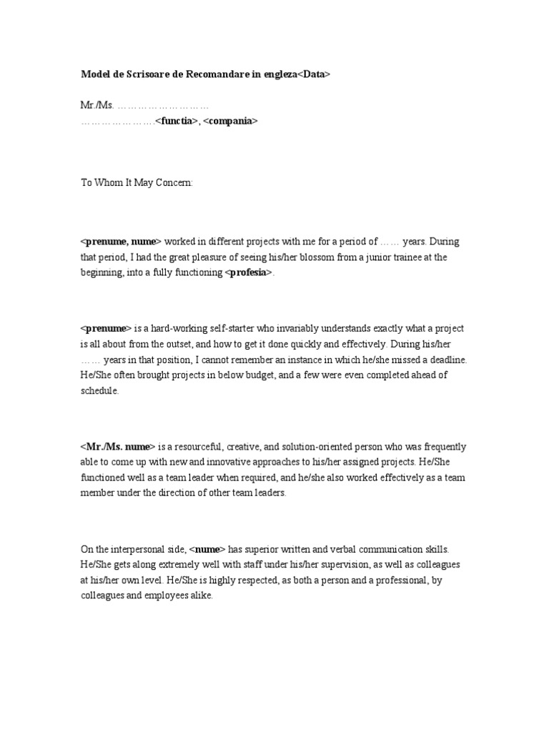 Model Scrisoare de Recomandare Engleză | PDF