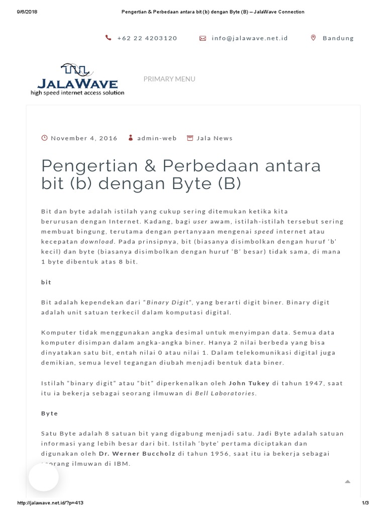 Pengertian & Perbedaan Antara Bit (B) Dengan Byte (B) - JalaWave Connection | PDF