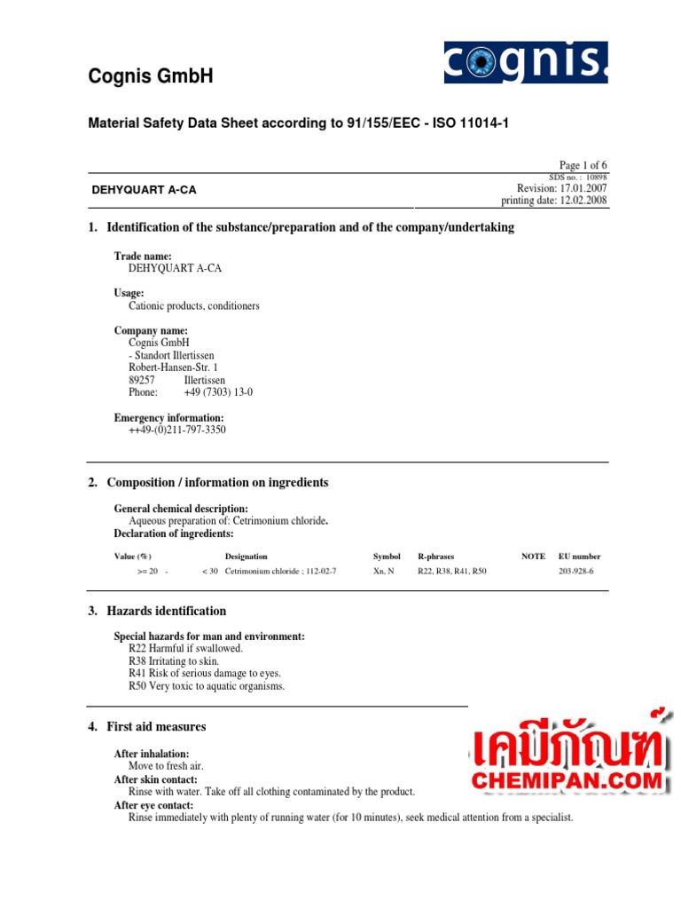 Cognis GMBH: Material Safety Data Sheet According To 91/155/eec - Iso 11014-1 | PDF | Dangerous ...