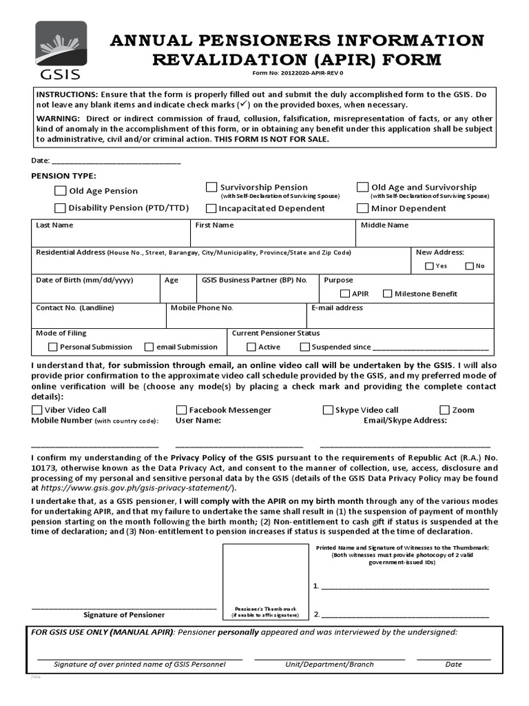 Annual Pensioners Information Revalidation (APIR) Form: Pension Type ...