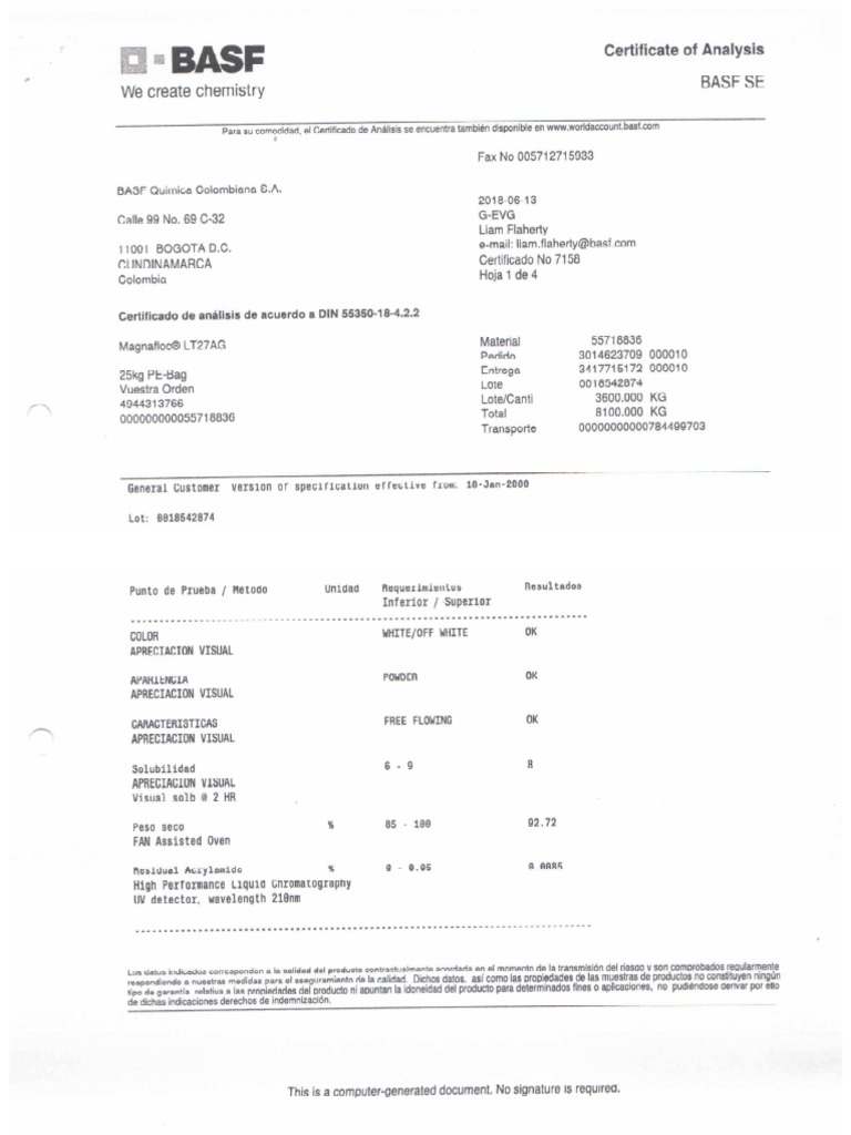 CoA Magnafloc LT27AG - 0018542874 | PDF