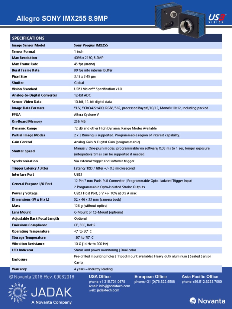 Sony IMX 255 8.9MP USB Spec Sheet 09062018 | PDF