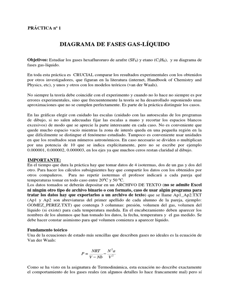 Diagrama de Fases Gas-Líquido: V A N NB V NRT P | PDF | Gases | Temperatura
