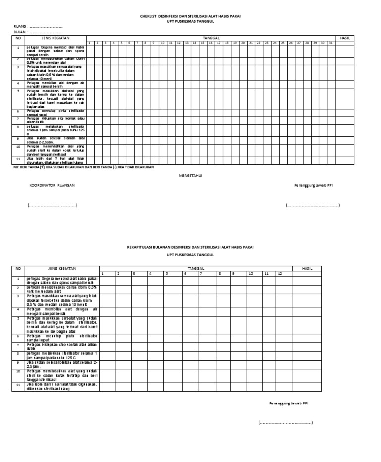 Check List Dan Rekap - Indikator Ppi - Desinfeksi Dan Sterilisasi Alat ...