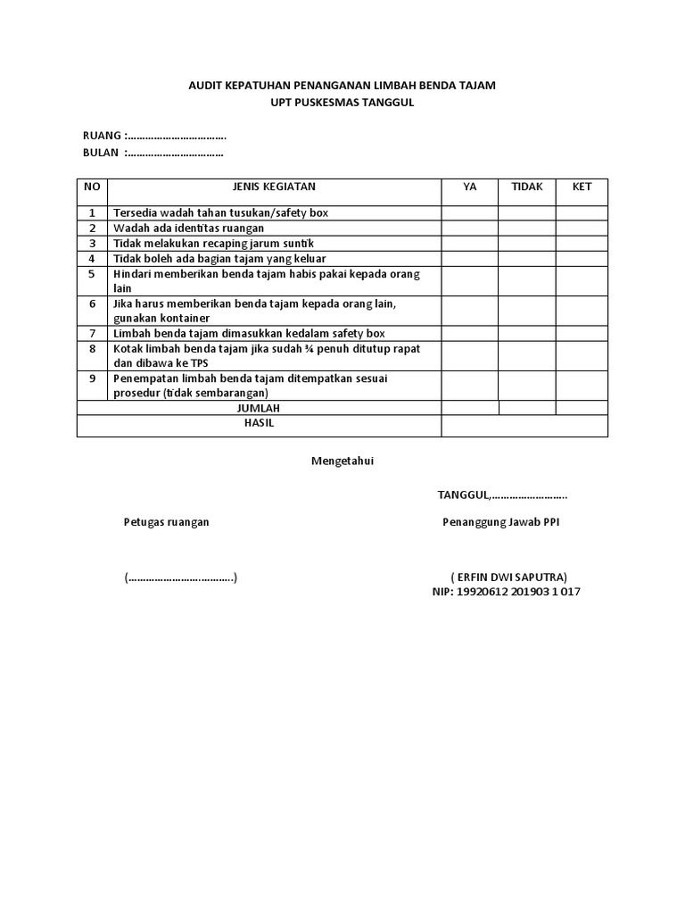 Check List - Indikator Ppi - Kepatuhan Penanganan Limbah Benda Tajam | PDF
