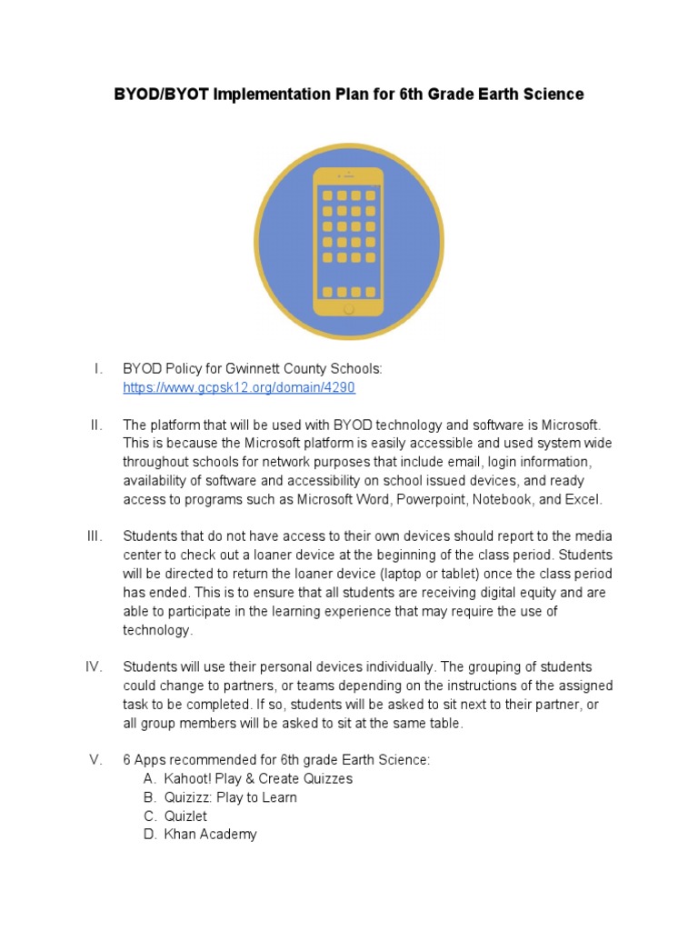 Byod Byot Implementation Plan For 6th Grade Science | PDF