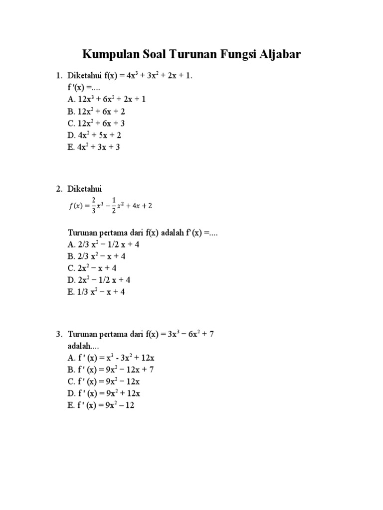 Kumpulan Soal Turunan Fungsi Aljabar | PDF
