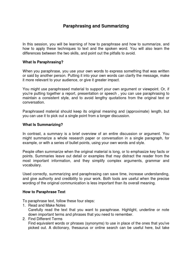 Session 13 Paraphrasing and Summarizing | PDF | Swot Analysis | Human Communication