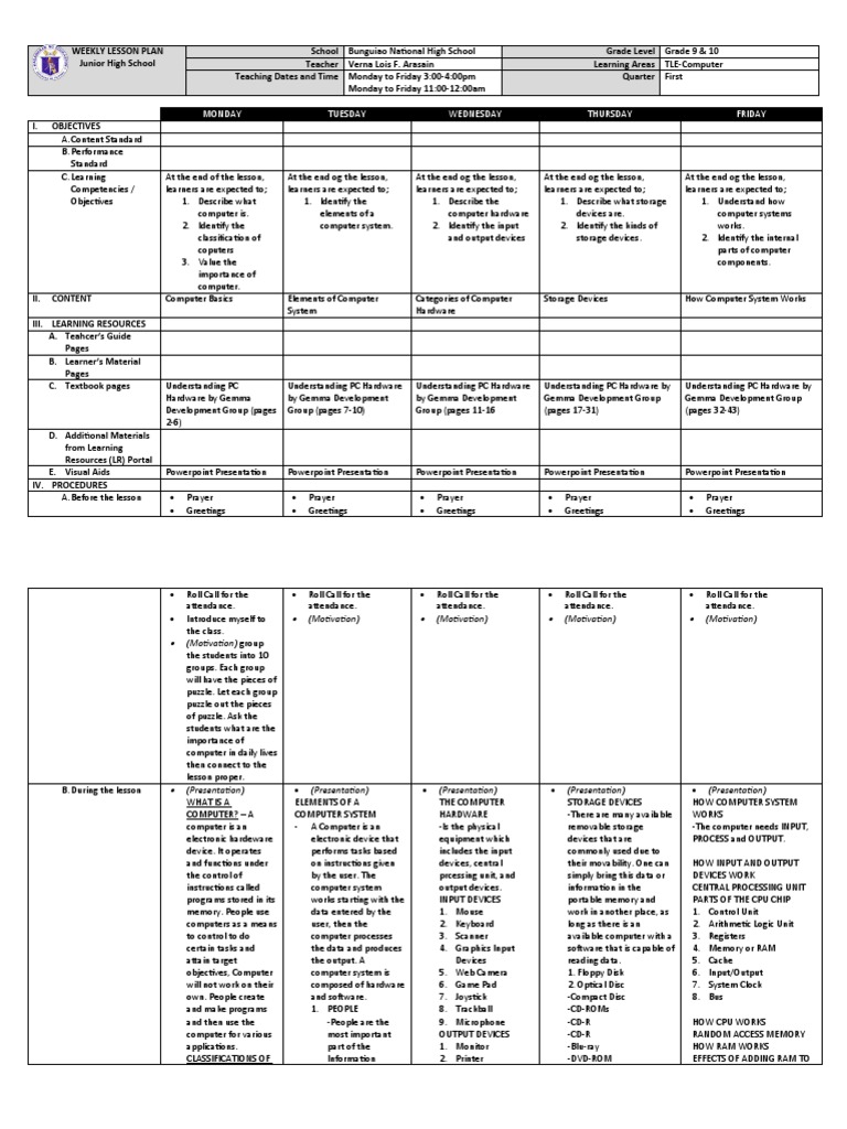FIRST LESSON PLAN - Grade 8 | PDF | Computer Data Storage | Input/Output