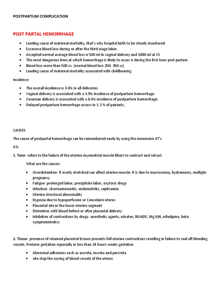Post Partal Hemorrhage: Postpartum Complication | PDF | Childbirth | Vein