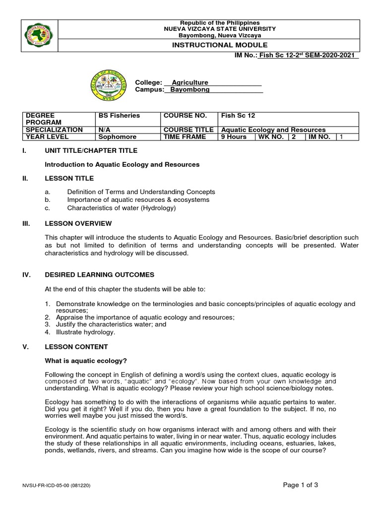 Fish SC 12 - Module 1-Aquatic Ecology and Resources | PDF | Pressure ...