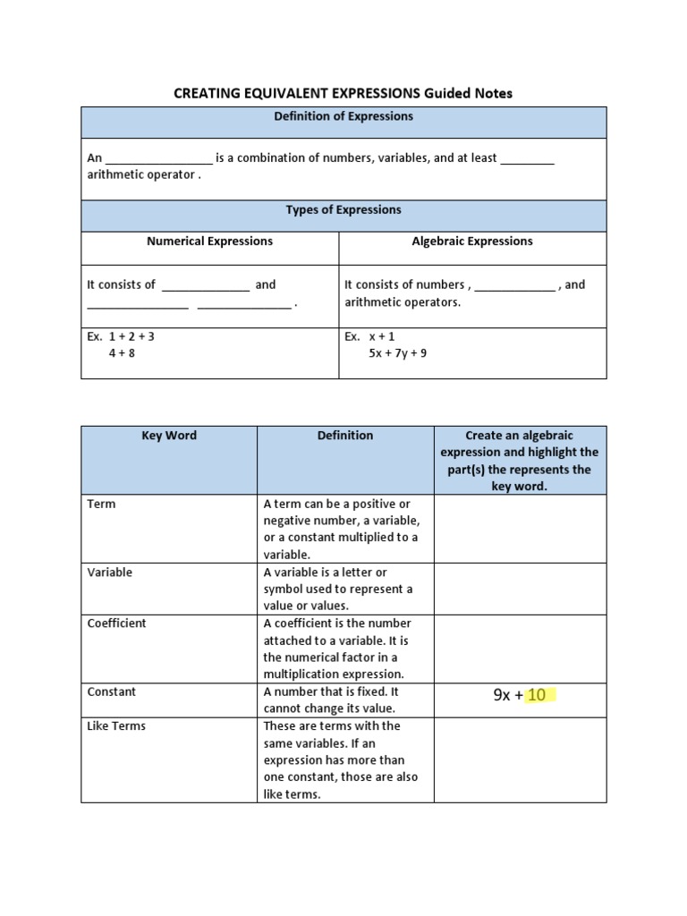 Expressions Guided Notes | PDF | Multiplication | Numbers
