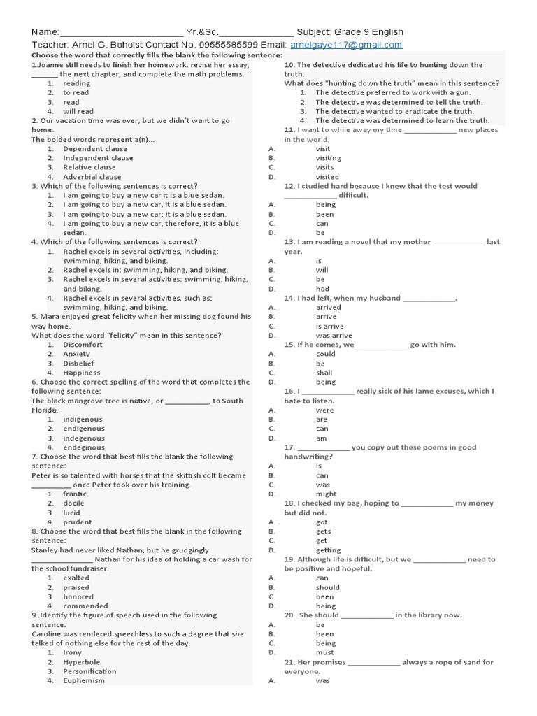 Name: - Yr.&Sc. - Subject: Grade 9 English Teacher: Arnel G. Boholst ...