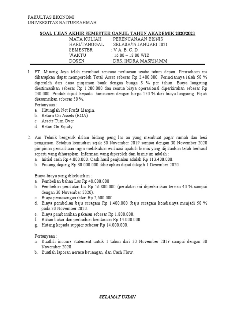 Soal UAS - Perencanaan Bisnis | PDF