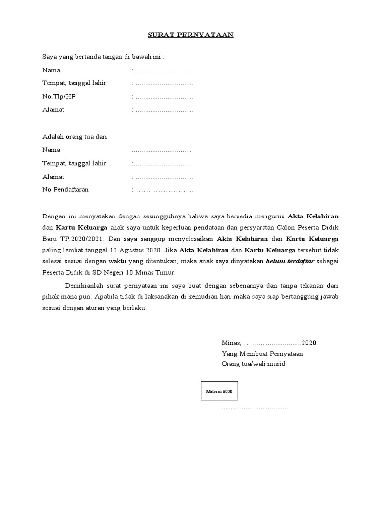 Surat Pernyataan Mengurus KK Dan Akte | PDF