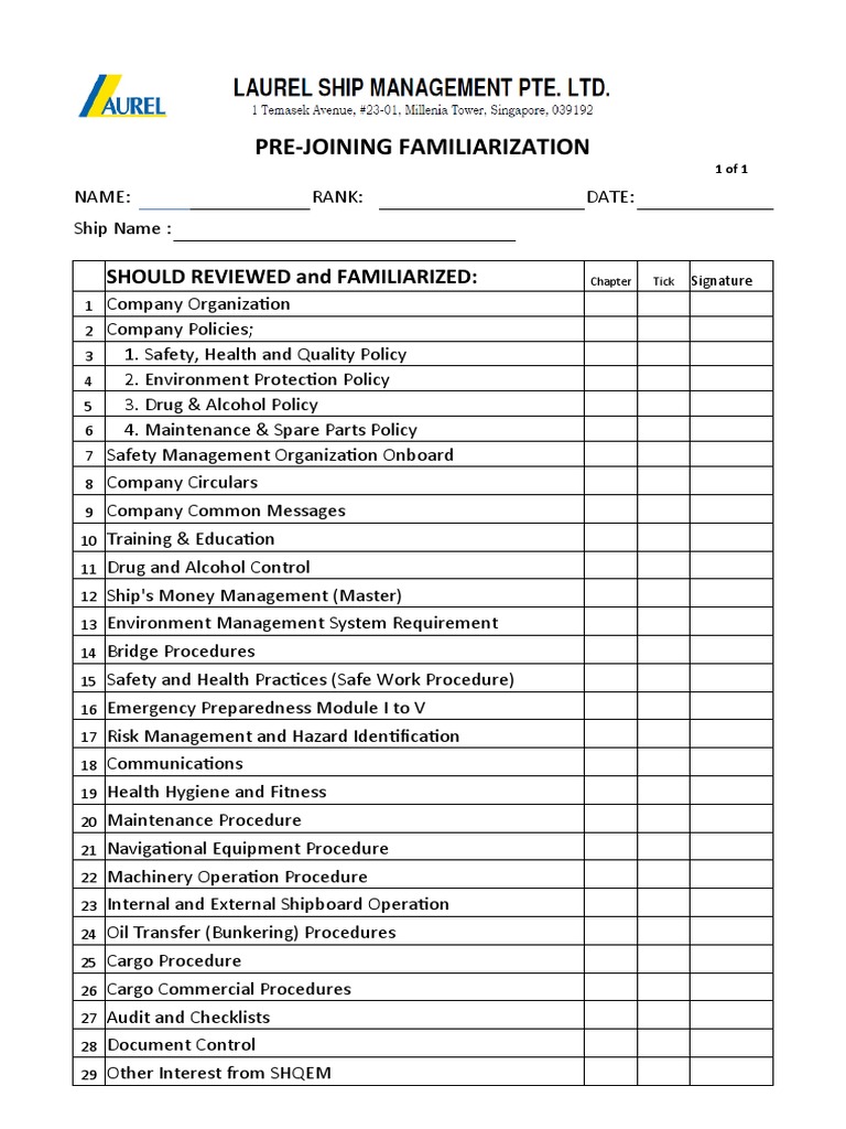 Pre-Joining Familiarization Check List | PDF