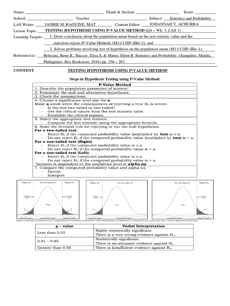 Testing Hypothesis Using P-Value Method (Q4 - Wk. 3, Las 1) | PDF | P ...