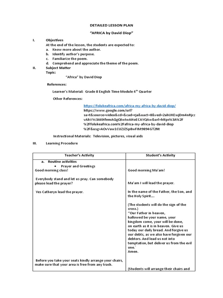I. Objectives: Detailed Lesson Plan "AFRICA by David Diop" | PDF | Lord ...