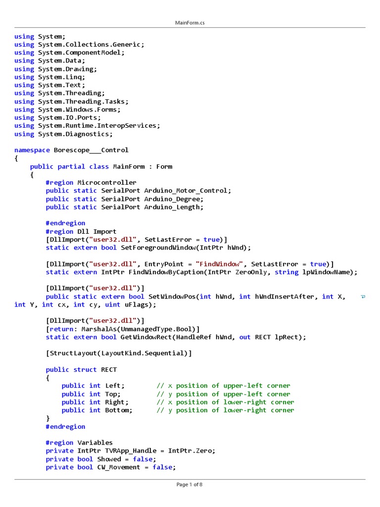 Code file for controlling a borescope system through serial communication with Arduino ...