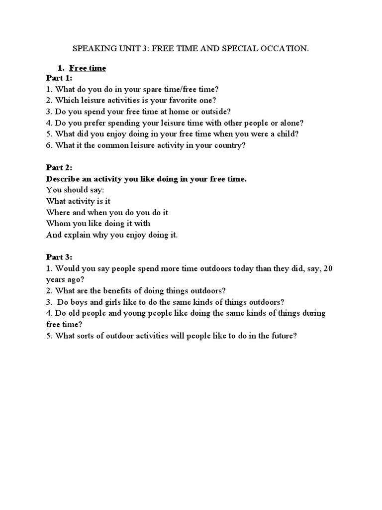 Free Time and Special Occasion Speaking | PDF