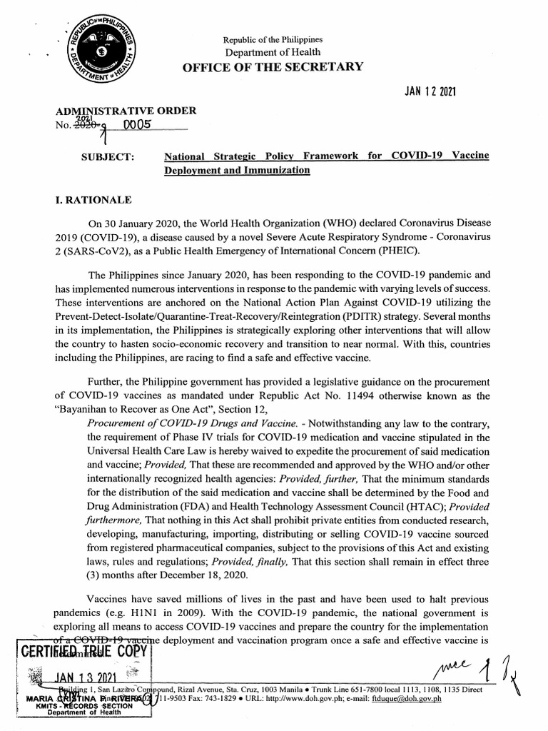 DOH Administrative Order No. 2021-0005 | PDF | Vaccines | World Health Organization