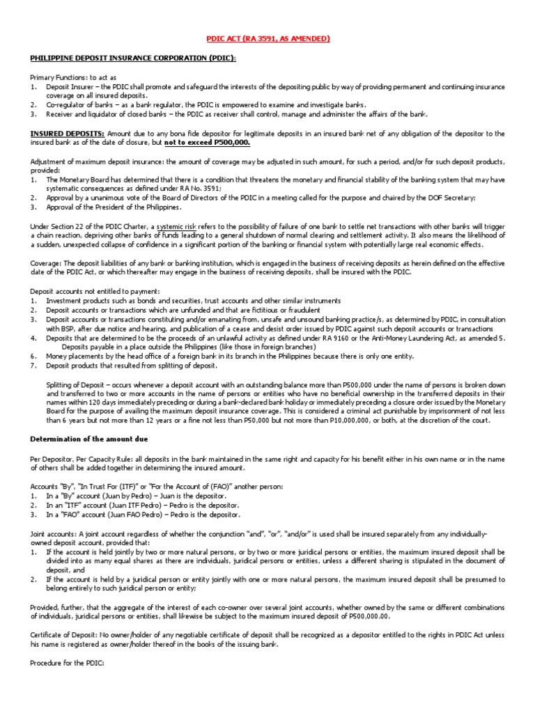 Philippine Deposit Insurance Corporation (Pdic) :: Pdic Act (Ra 3591 ...