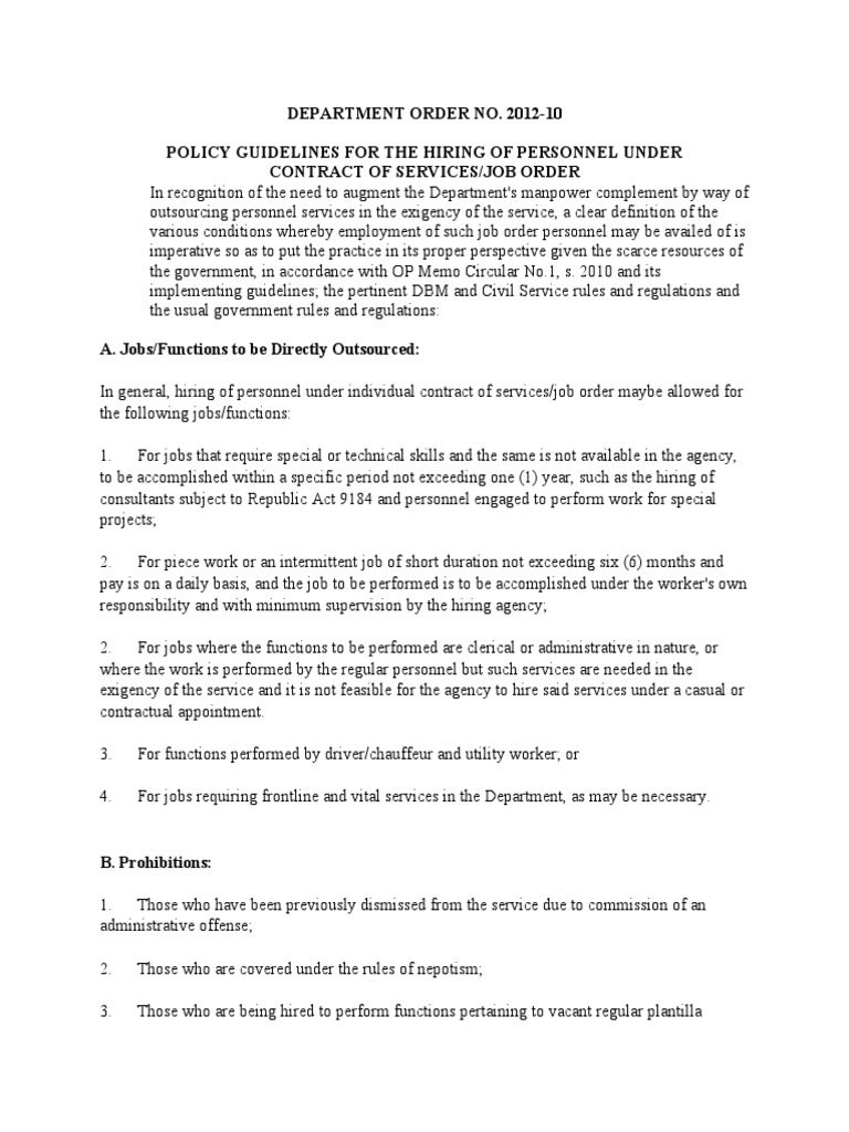 Department Order No. 2012-10 | PDF | Piece Work | Employment