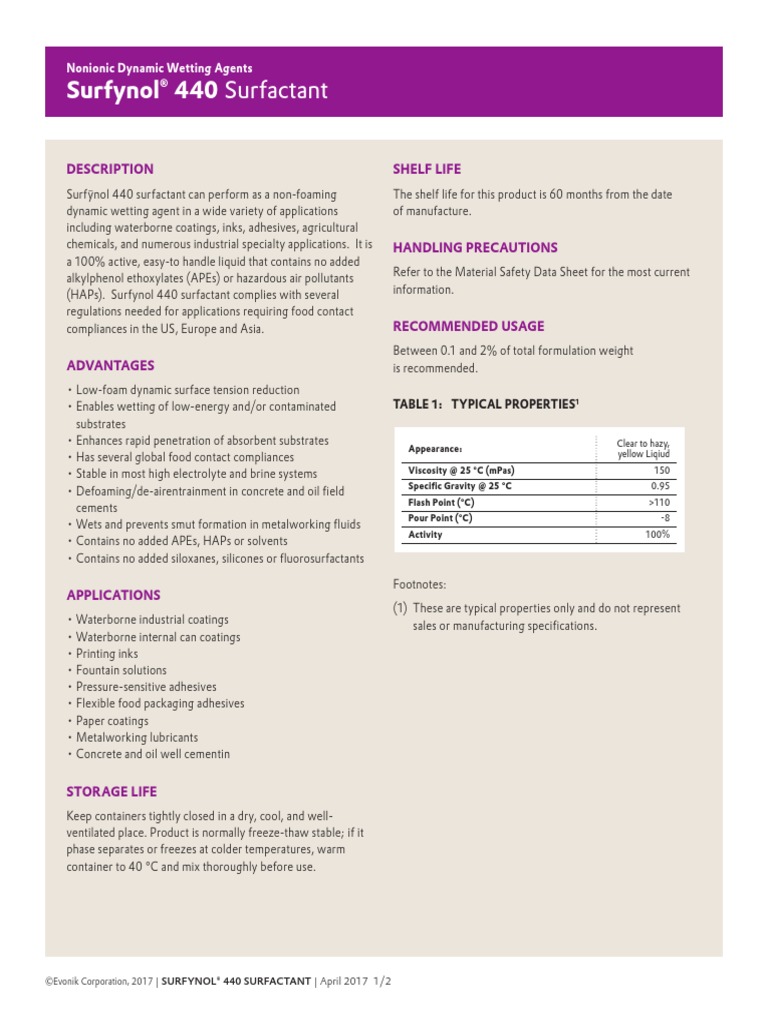 Surfynol® 440 Surfactant: Description Shelf Life | PDF | Wetting ...