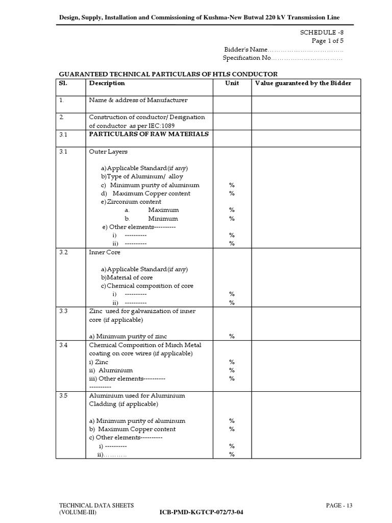 Guaranteed Technical Particulars Form | PDF | Electrical Resistivity ...