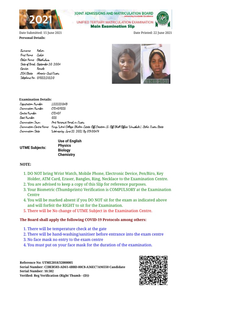 Personal Details:: UTME Subjects: Use of English Physics Biology ...