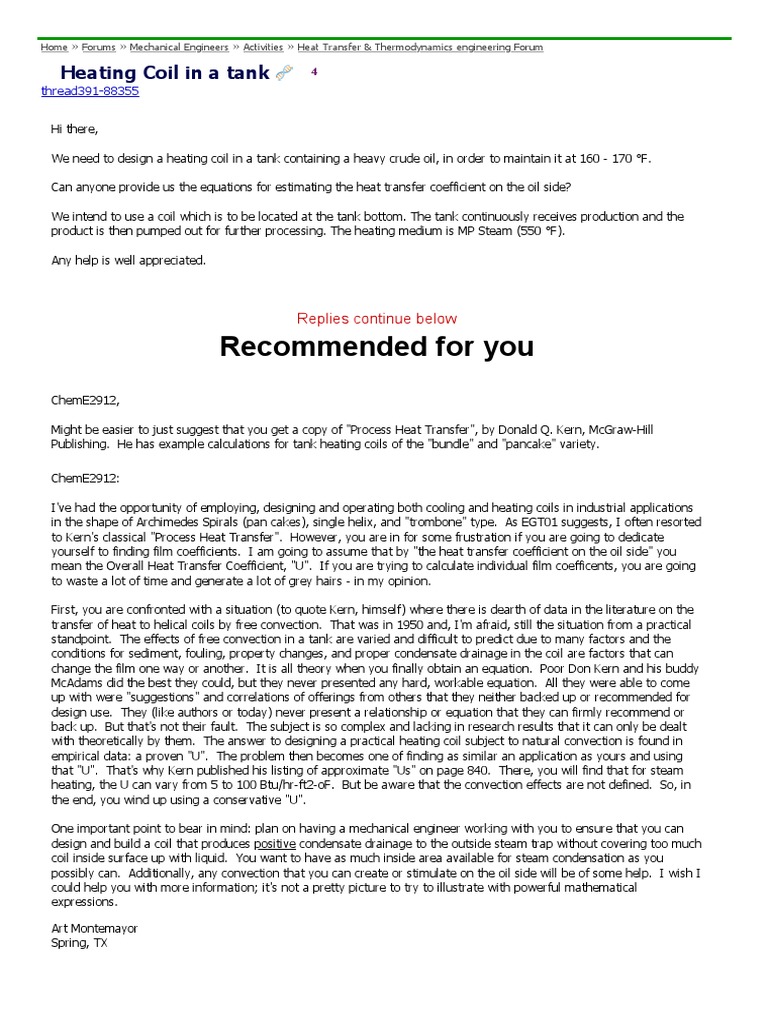 Heating Coil in A Tank - Heat Transfer & Thermodynamics Engineering ...