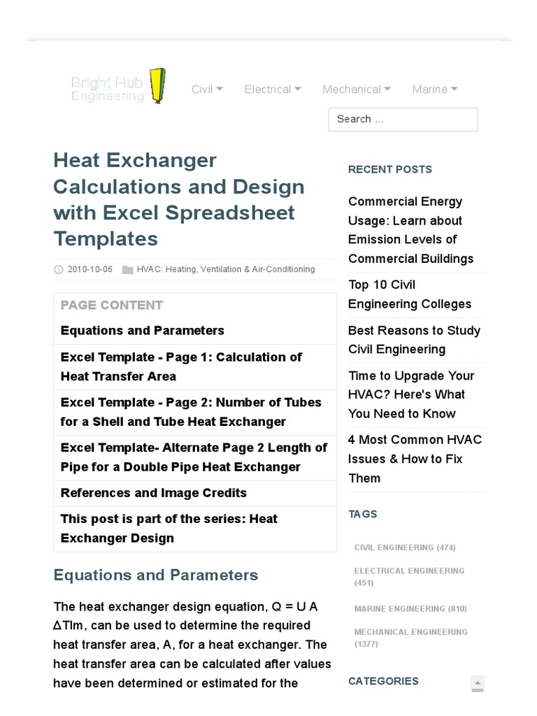 Heat Exchanger Calculations and Design With Excel Spreadsheet Templates ...