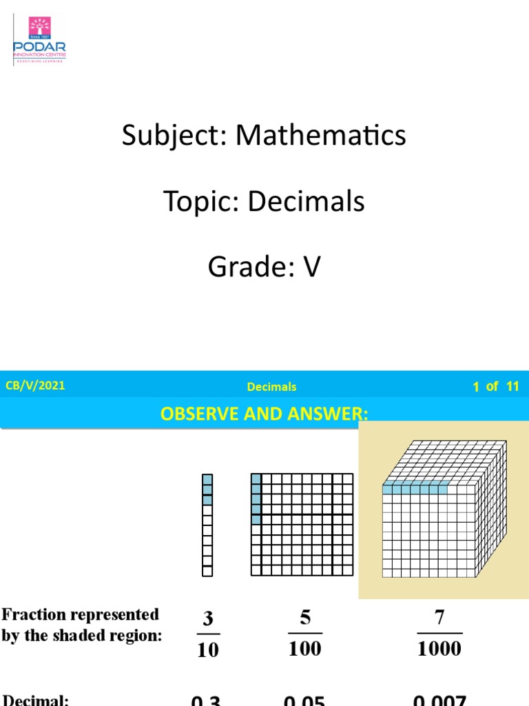 Subject: Mathematics Topic: Decimals: of 11 Decimals CB/V/2021 1 | PDF ...
