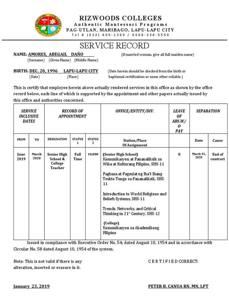 Service Record: Rizwoods Colleges | PDF