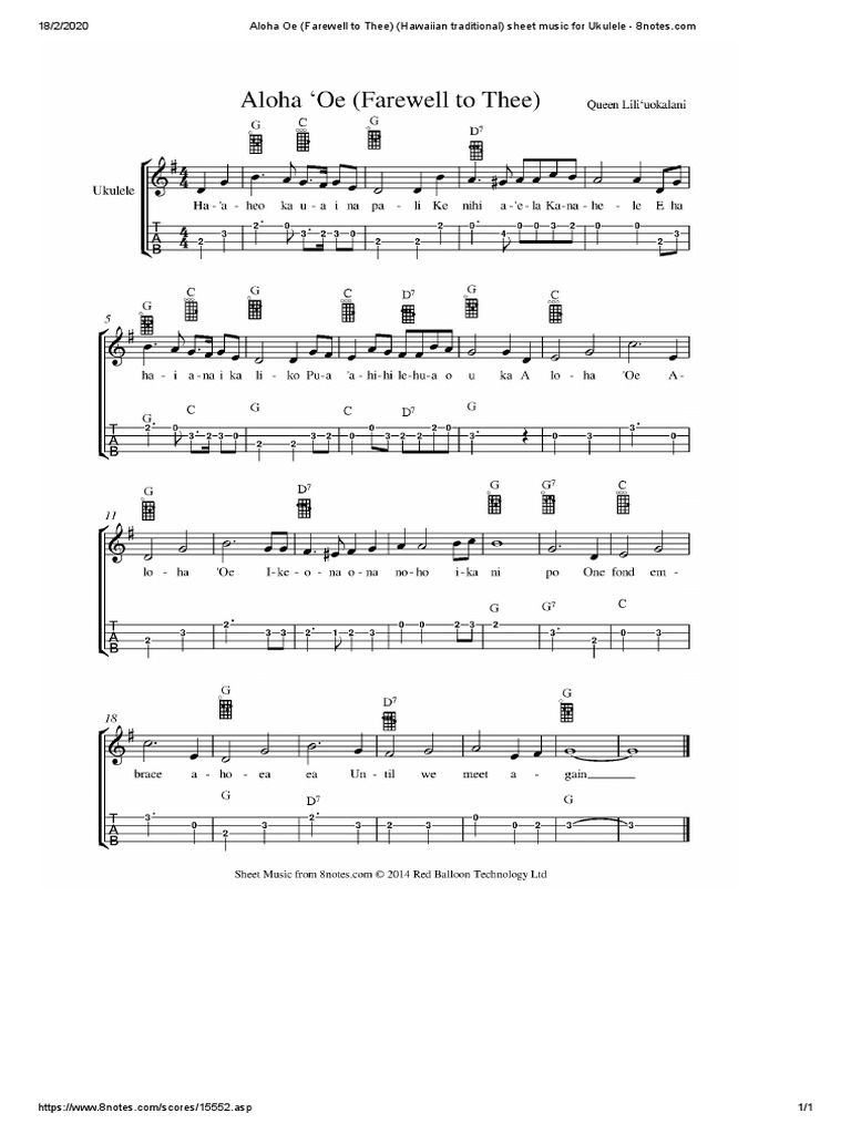 Aloha Oe (Farewell To Thee) (Hawaiian Traditional) Sheet Music For ...