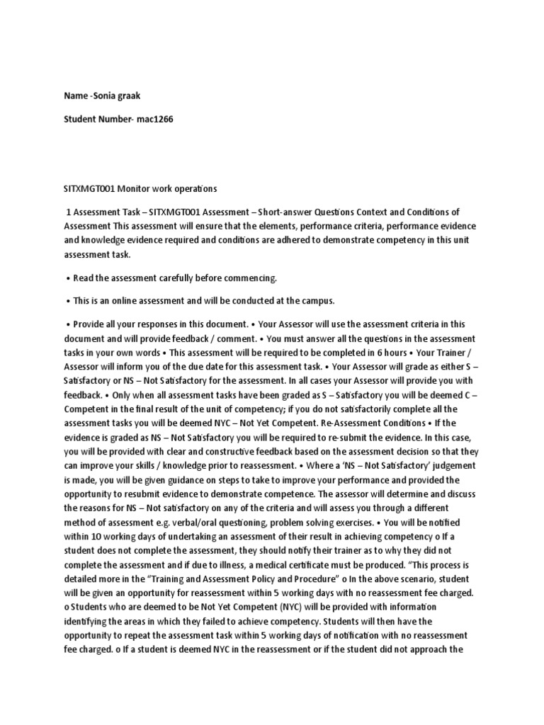 SITXMGT001 Work Operations Assessment Guide | PDF | Sustainability ...