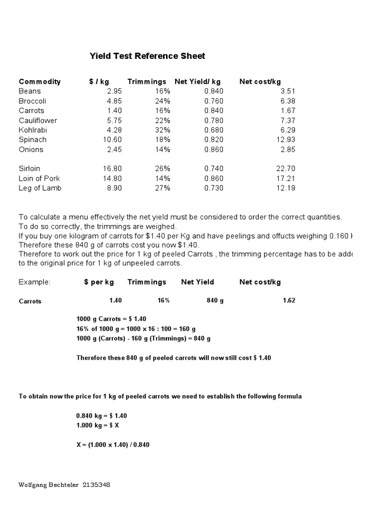 Yield Test Reference Sheet - W - Cost - Extensions Student 2 | PDF ...