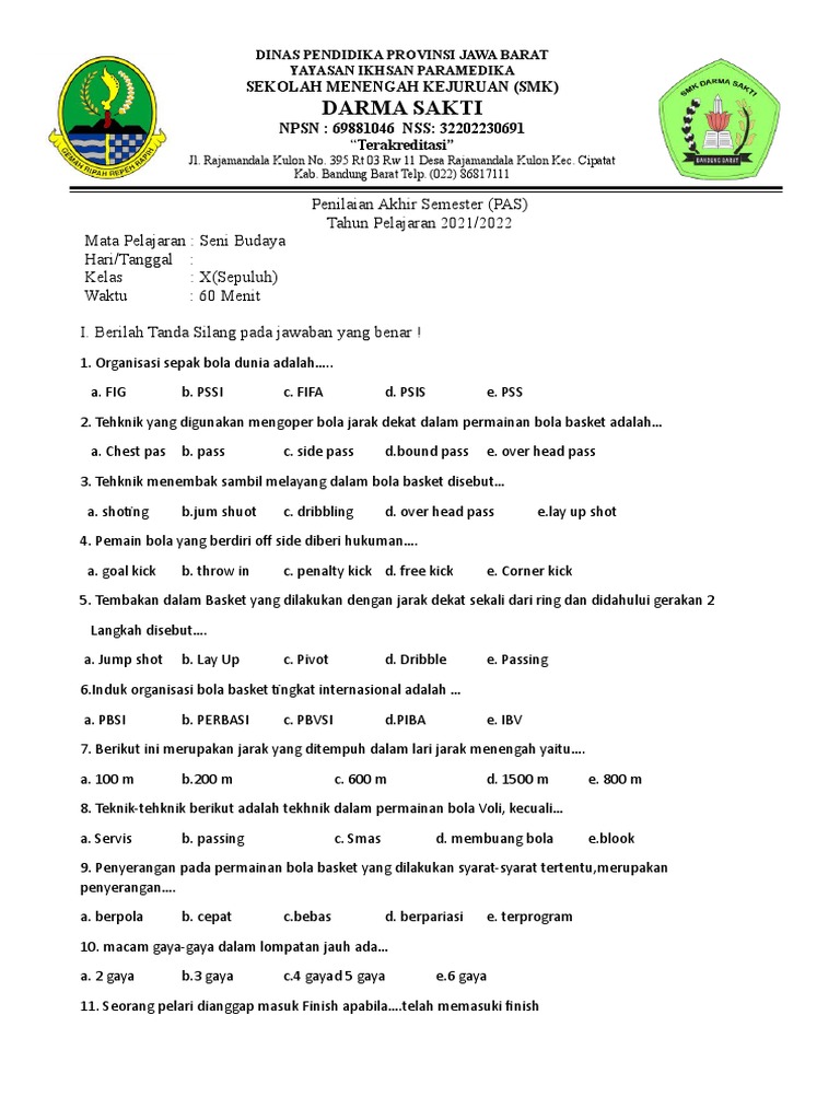Soal PAS Seni Budaya Kelas X 2021/2022 | PDF