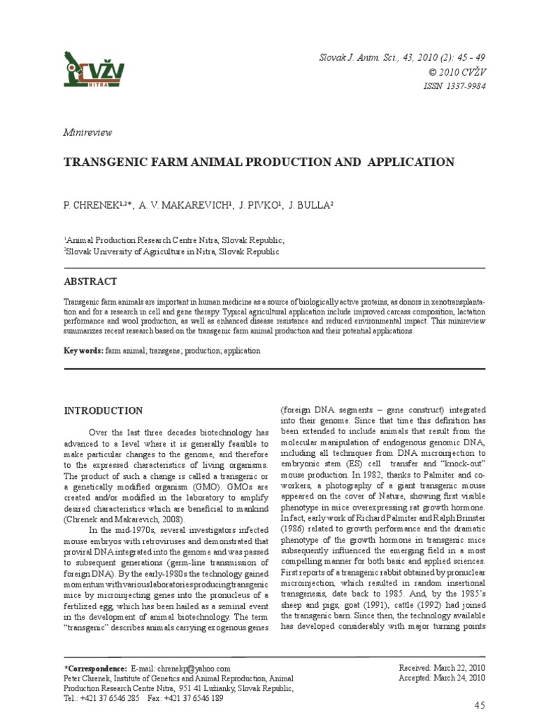 TRaNsgeNIC Farm aNImal pRODUCTION and applICaTION | PDF | Transgene ...